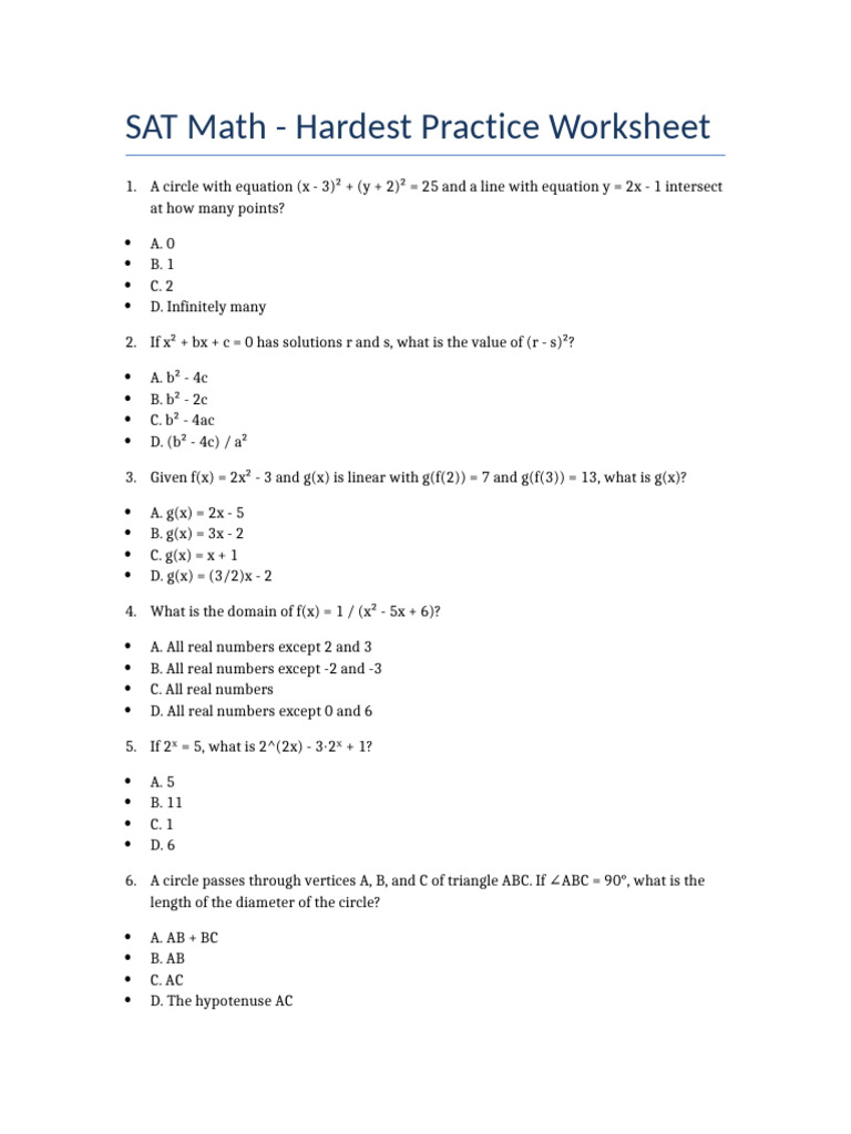 Hardest SAT Math Practice Worksheet | PDF | Circle | Angle