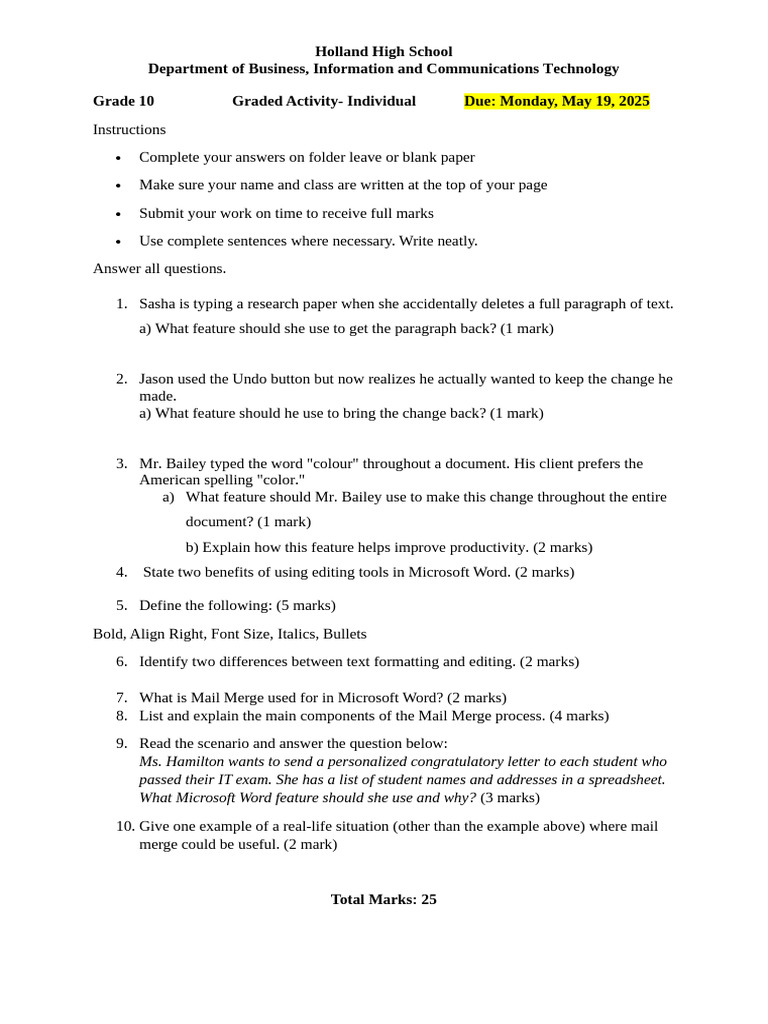Grade 10 Graded Activity Term 3 | PDF
