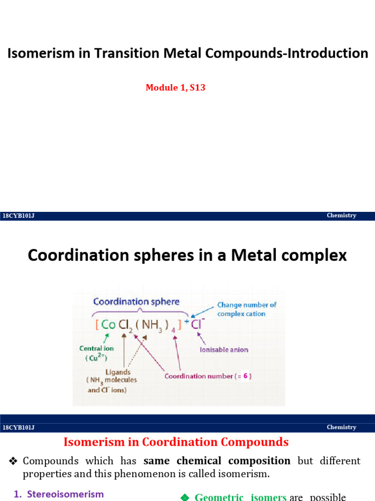 Isomerism in Transition Metal Compounds-Introduction: Module 1, S13 | PDF