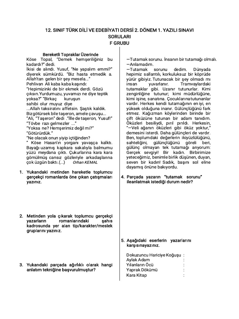 12.sinif Turk Dili Ve Edebiyati 2.donem 1.yazili Sorulari F Grubu | PDF