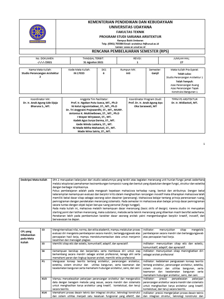 RPS Studio Perancangan Arsitektur 2-Ganjil 2021-31.08.2021 | PDF