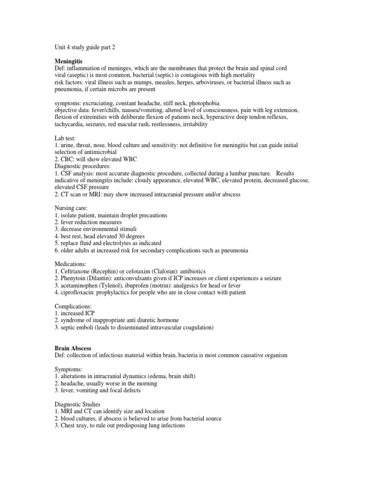 Unit 4 Study Guide Part 2 | PDF | Meningitis | Amyotrophic Lateral ...