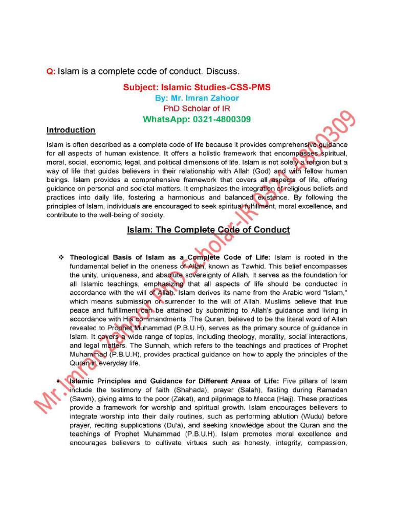 Solved Question Islam Complete Code of Conduct - 1 | PDF