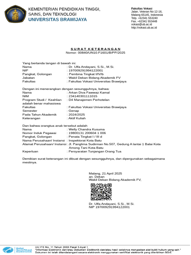 Surat Keterangan Mahasiswa Aktif UB | PDF