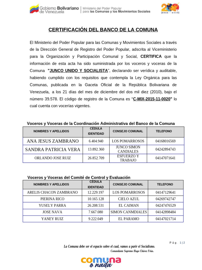 Formato Certificación Del Banco de La Comuna | PDF | Venezuela | Política de venezuela