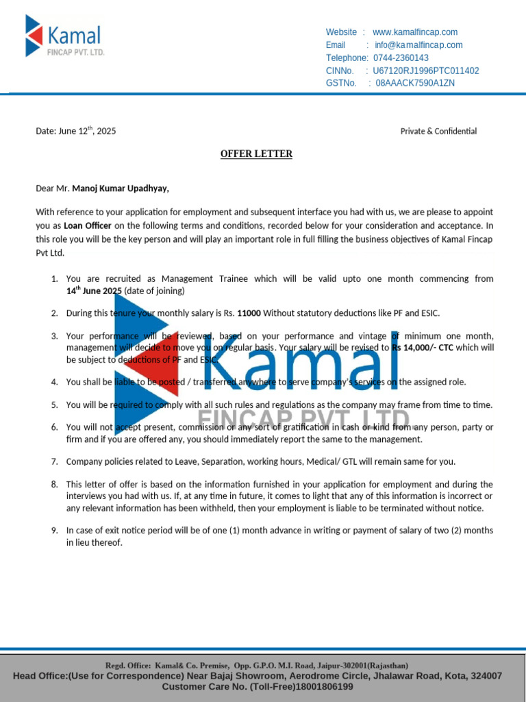 Your Offer Letter - MT | PDF