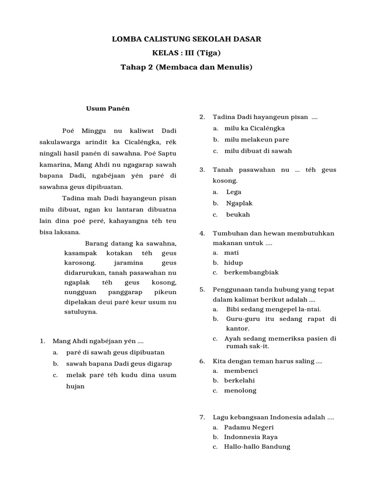 Soal Calistung Kelas 3 Tahap 2 | PDF