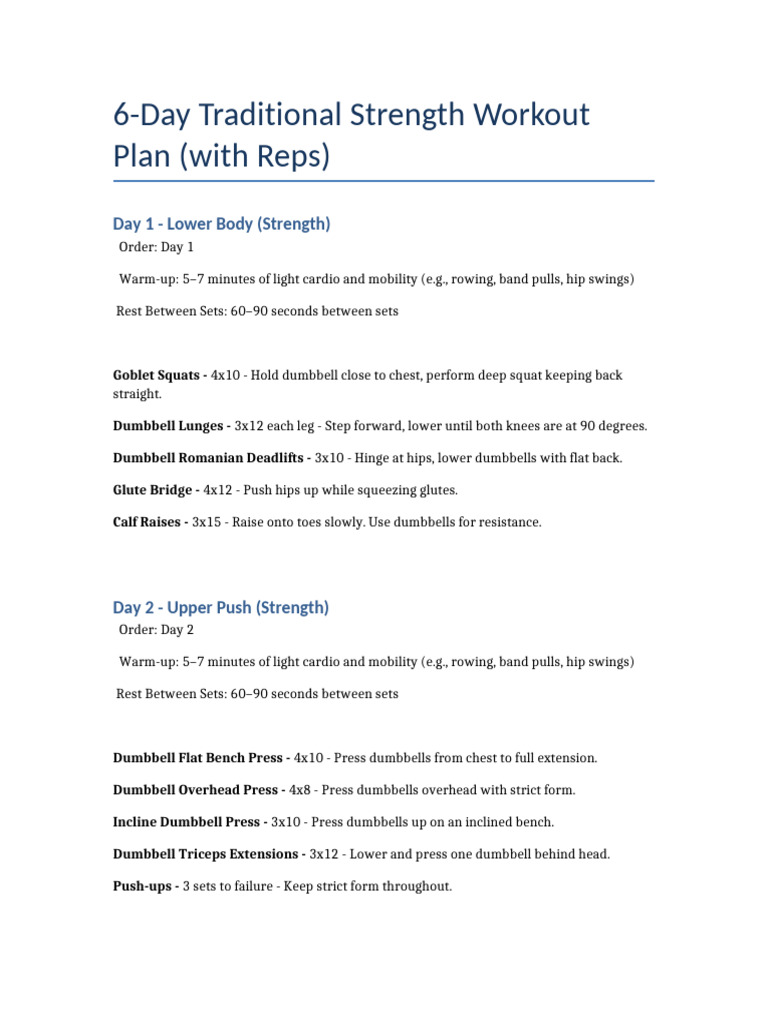 6 Day Strength Workout With Reps | PDF | Weight Training | Physical ...
