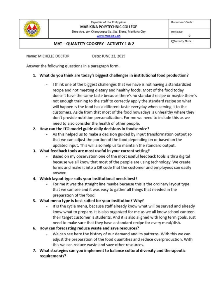 Michelle Doctor - Activity 1&2 For Mat-Quantity Cookery | PDF | Foods