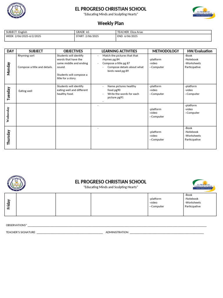 Weekly Plan English k5 2-6 | PDF
