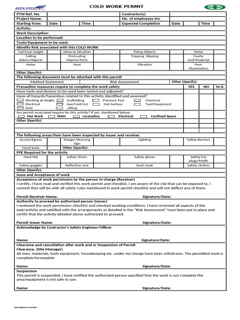 Cold Work Permit Checklist Template | PDF | Safety | Personal ...