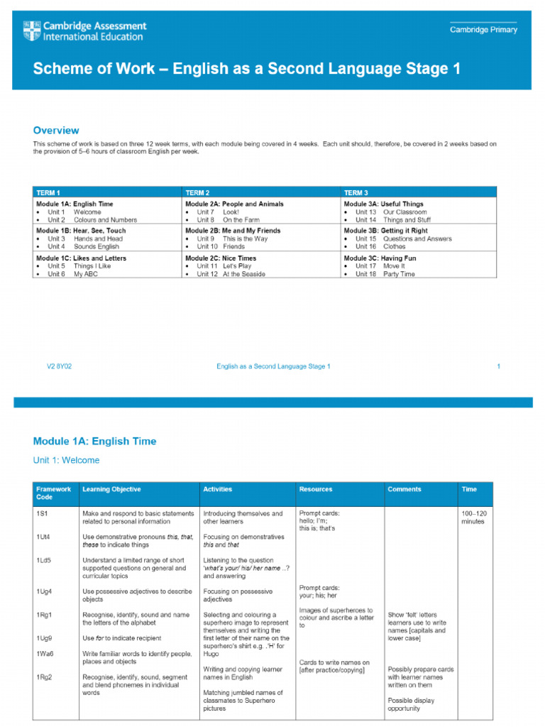English As A Second Language Stage 1 Scheme of Work | PDF