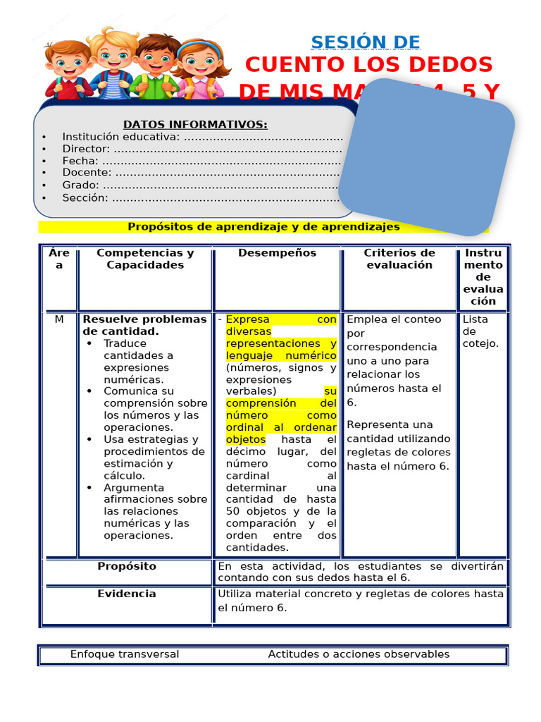 Sesión Mat - Cuento Los Dedos de Mis Manos 4. 5 y 6 | PDF | Aprendizaje | Cognición