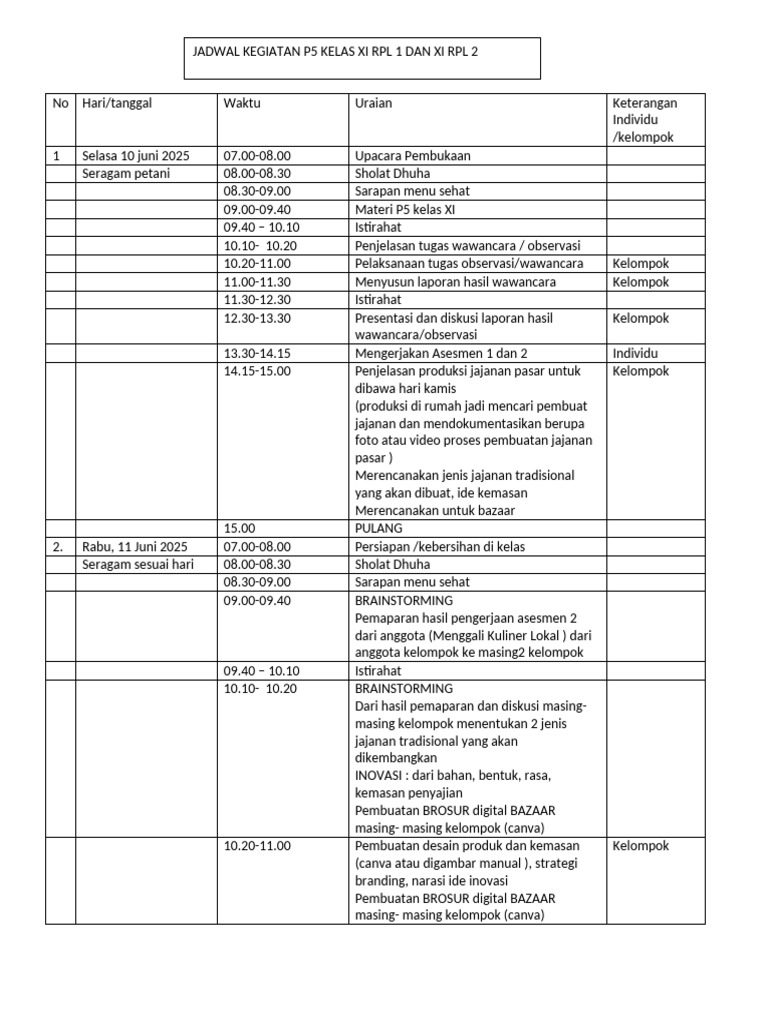 Jadwal Kegiatan P5 Kelas Xi RPL 1 Dan Xi RPL 2 | PDF
