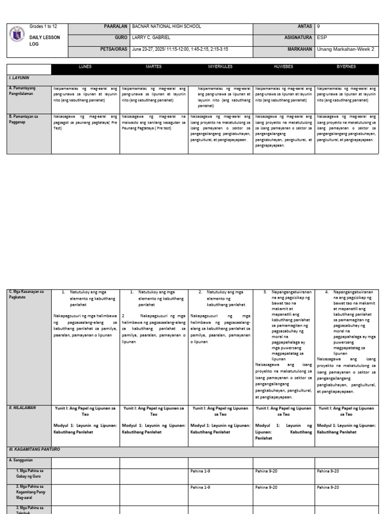 DLL Esp 9 Q1-Week 2 | PDF