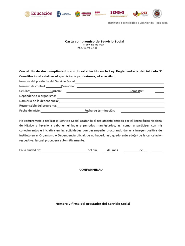 Carta Compromiso Servicio Social ITSPR | PDF
