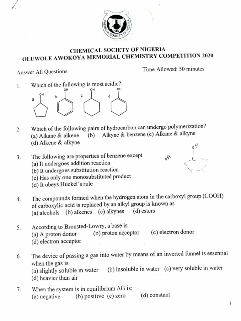 Oluwole Awokoya Chemistry Past Questions For 2020 | PDF | Carboxylic ...