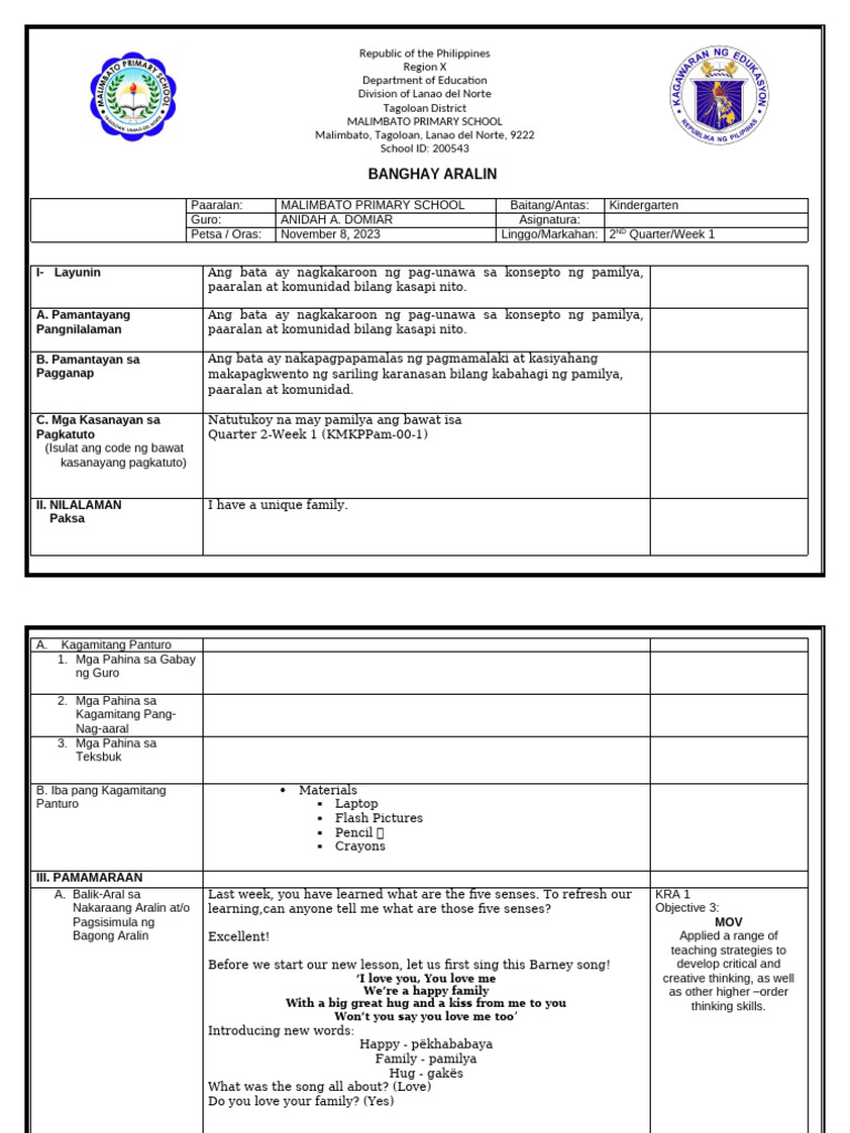 Kindergarten Q2 Week 1 DLP | PDF | Educational Technology | Learning