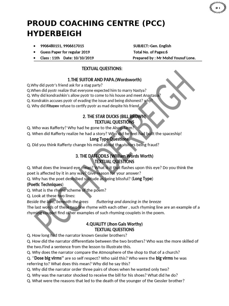 Proud Coaching Centre Guess 11th English 2019 | PDF | Rhyme