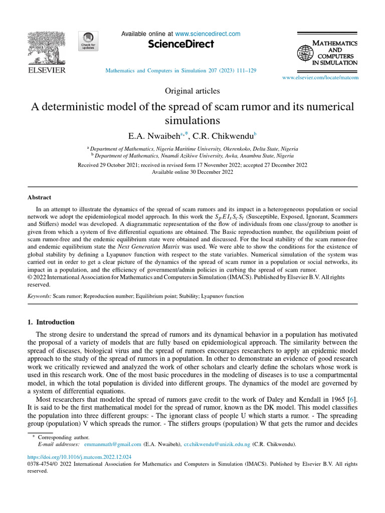 A Deterministic Mdoel of The Spread of Scam Rumor and Its Numerical ...