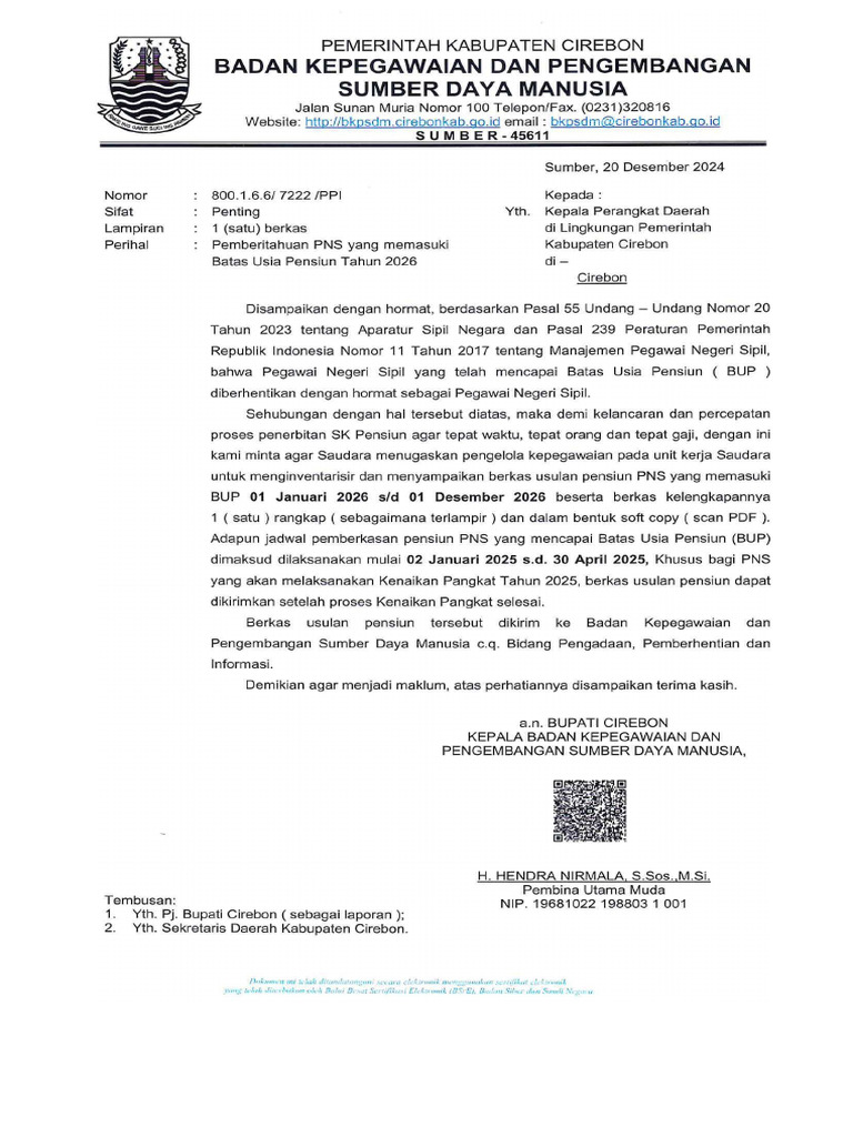 Surat Edaran Pemberitahuan Pns Yang Memasuki Batas Usia Pensiun Tahun 2026 | PDF