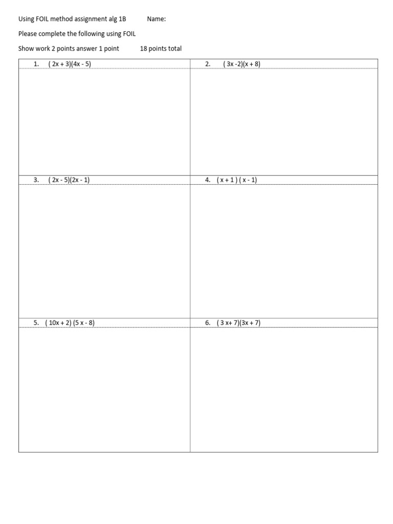 FOIL Method Assignment for Algebra 1B | PDF