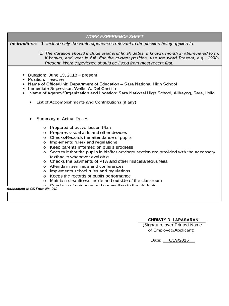CS Form No. 212 Attachment Work Experience Sheet | PDF