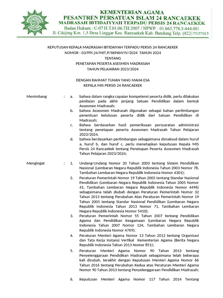 SK Peserta Asesmen Madrasah Tahun 2024 | PDF