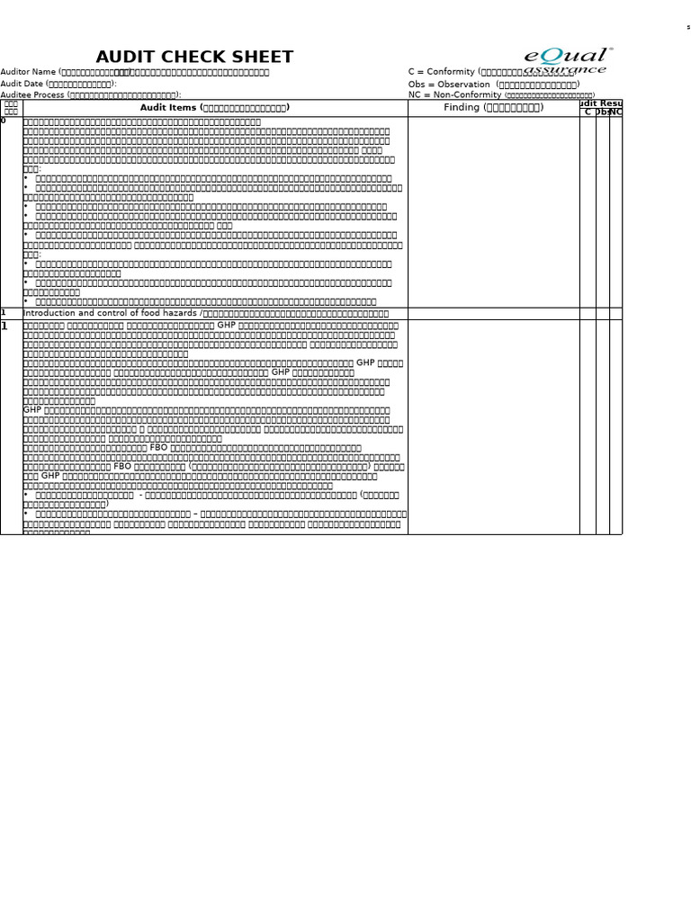 EQA Internal Audit Checklist GHPs HACCP V5 Thai Final | PDF