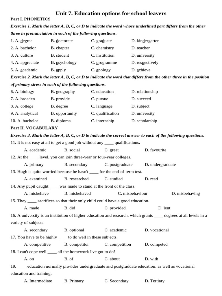 Unit 7 - Education Options For School-Leavers | PDF | Academic Degree ...