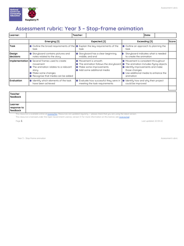 Unit Assessment Rubric - Stop-Frame Animation - Y3 | PDF | Learning