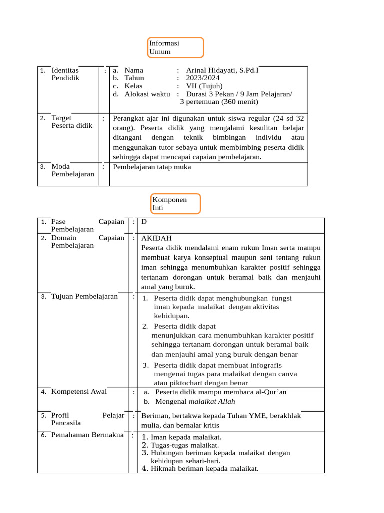 Modul Ajar Iman Keada Malaikat | PDF