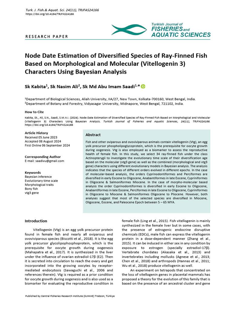 Node Date Estimation of Diversified Species of Ray-Finned Fish Based On ...