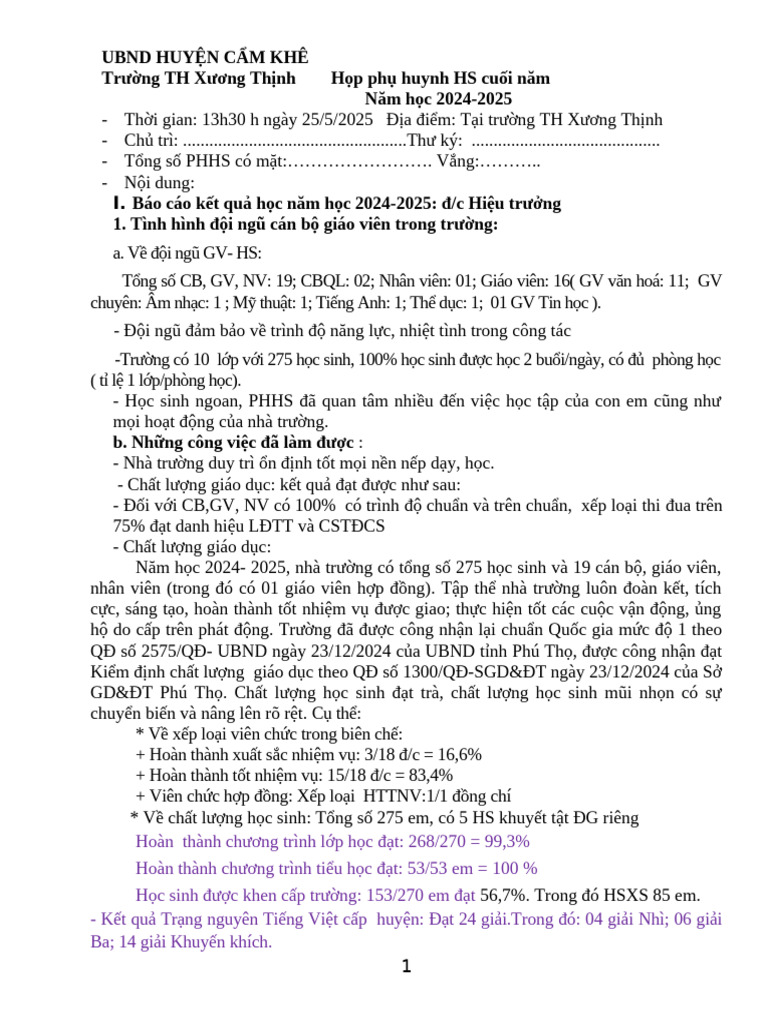 Họp PHHS Cuối Năm 24-25 | PDF