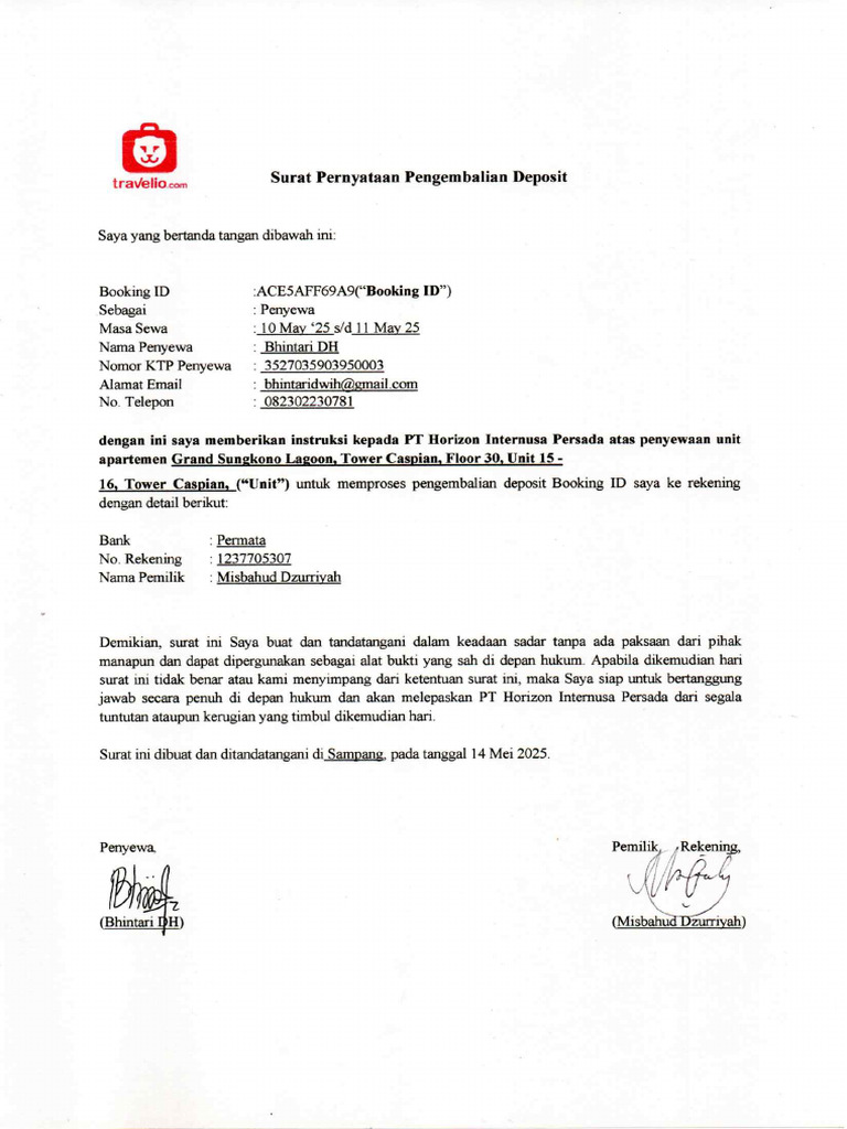 Surat Pernyataan Pengembalian Deposit | PDF