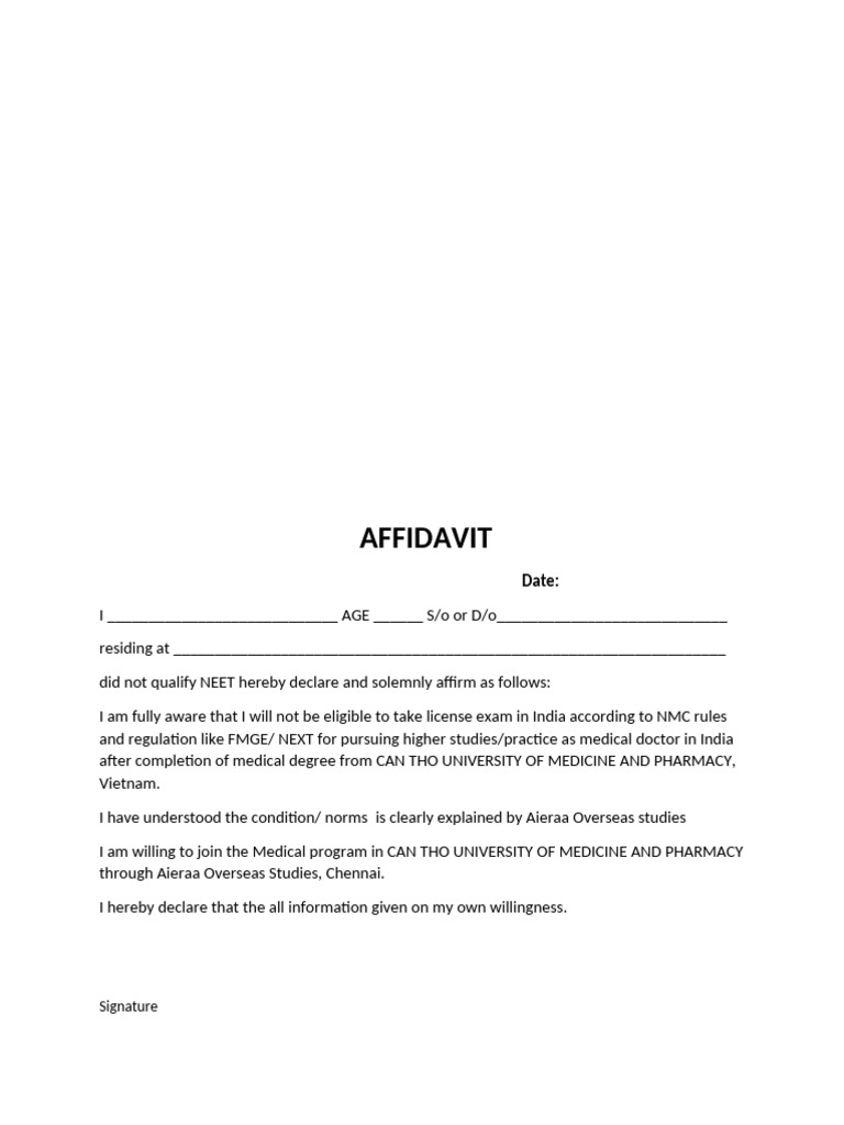 Self Afidavit For Not Qualifying NEET | PDF