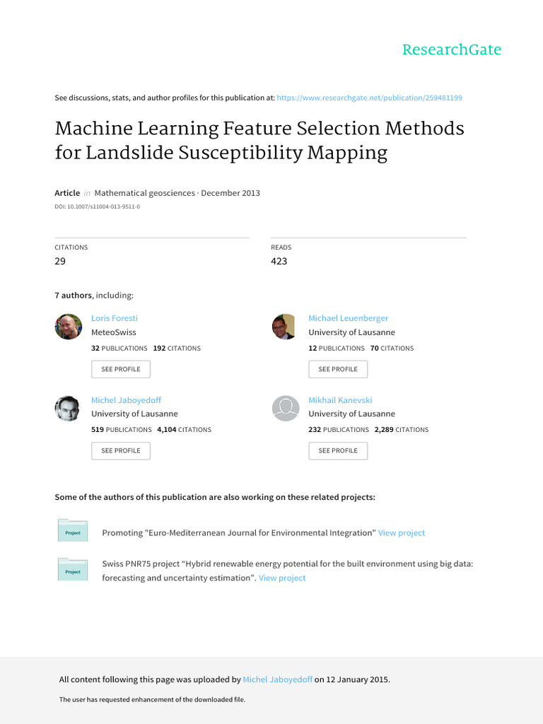 Machine Learning Feature Selection Methods For Landslide | PDF | Support Vector Machine ...