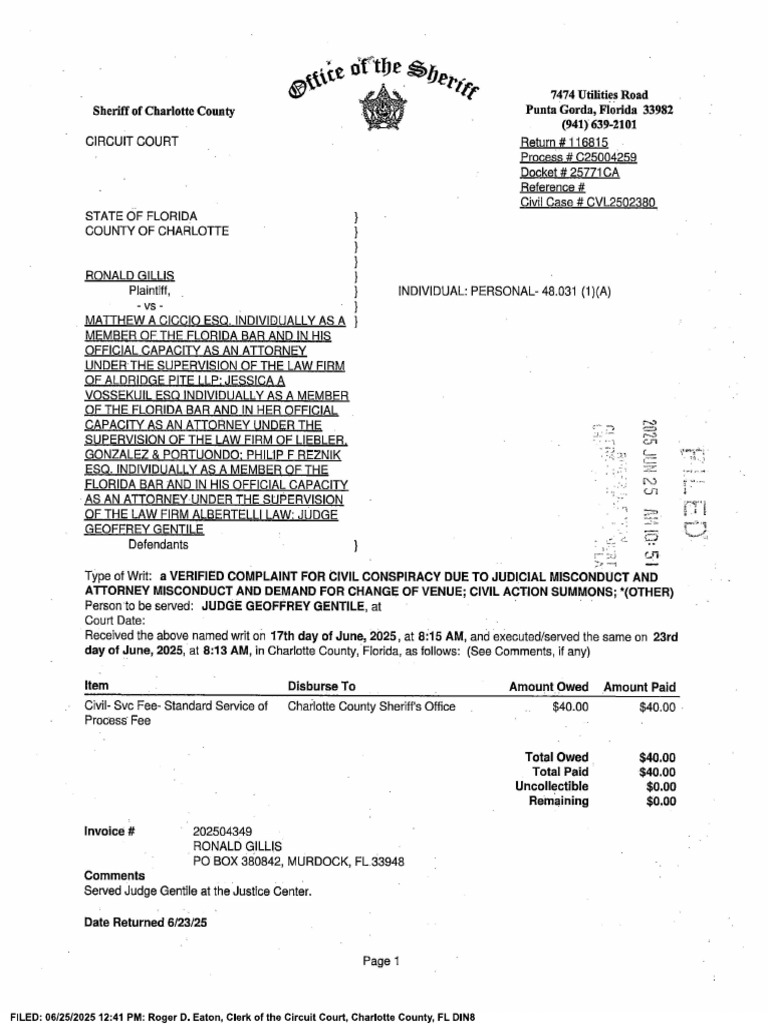 008 2025 0623 006 CCSO MS ServedSummons JudgeGeoffreyHGentile | PDF
