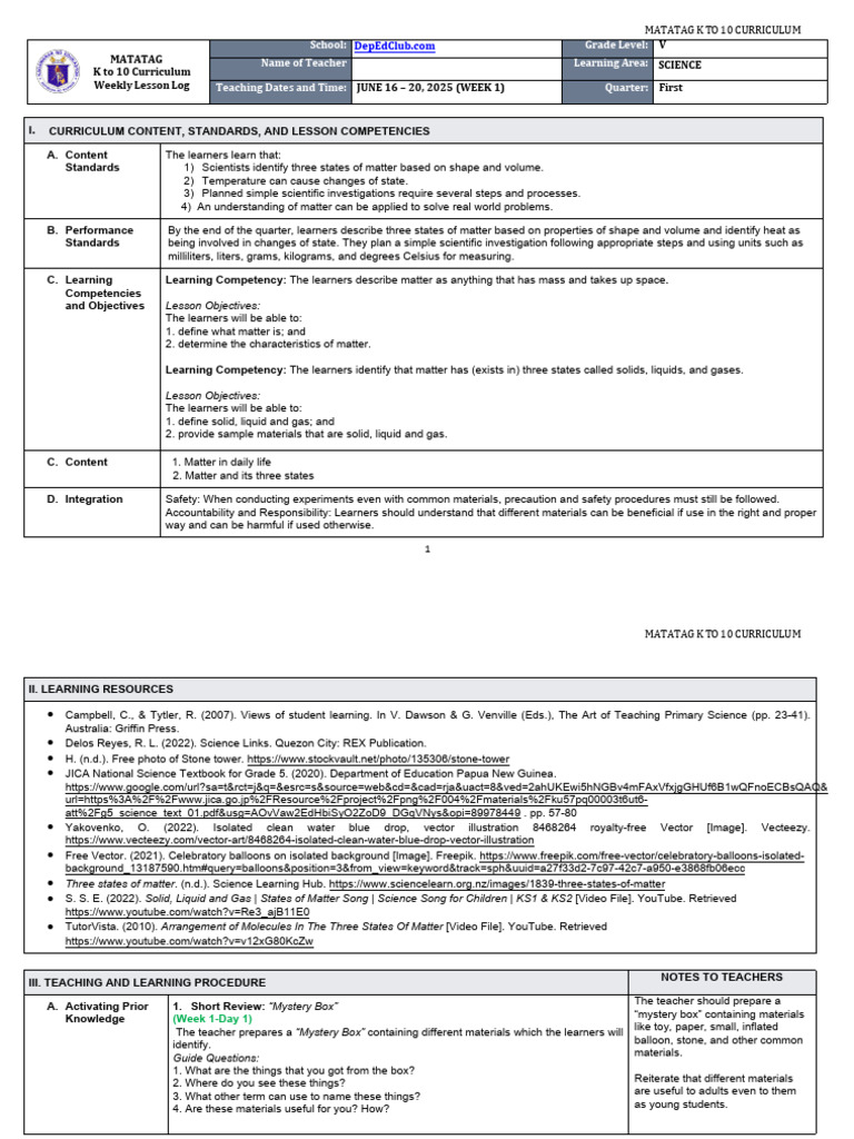 DLL Matatag - Science 5 Q1 W1 | PDF | Matter | Gases
