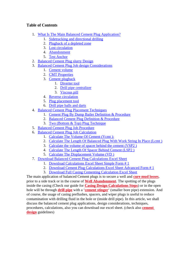Balanced Cement Plug Procedures & Calculations | PDF | Casing (Borehole ...