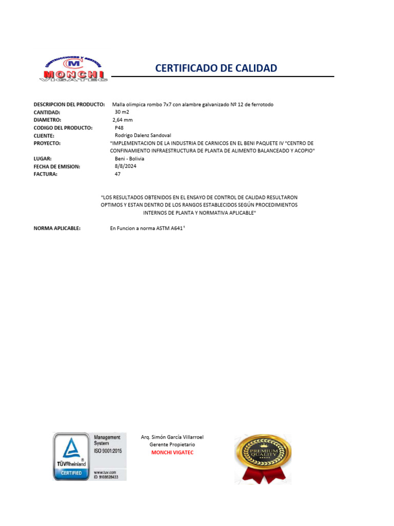 Certificado de Calidad Malla | PDF