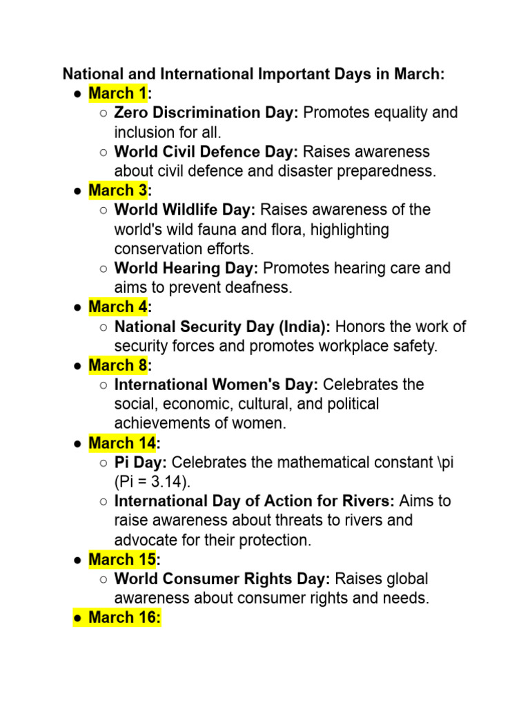 Important March Awareness Days | PDF