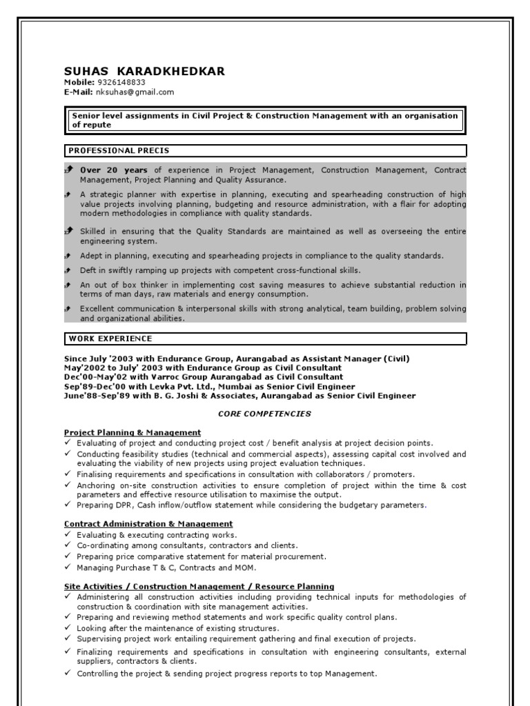Resume of Suhas Karadkhedkar Civil Engineer Over 20 Years Experience ...