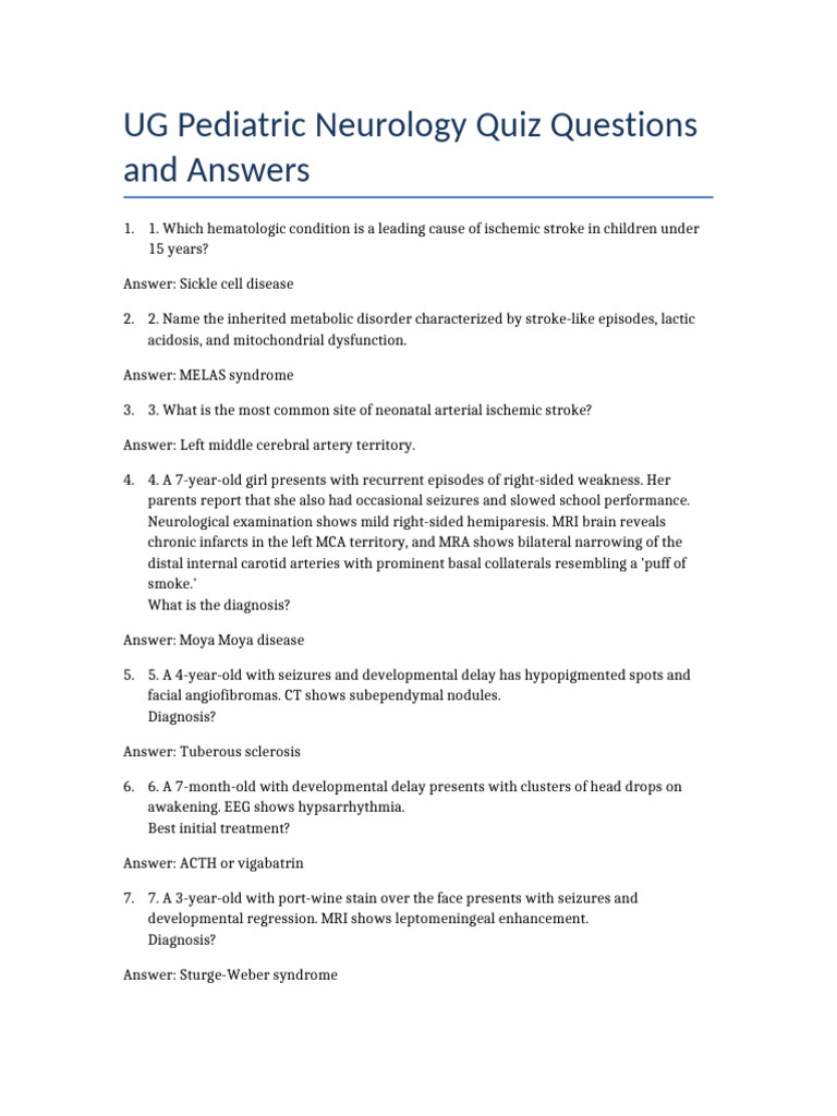 Pediatric Neurology Quiz Answers | PDF