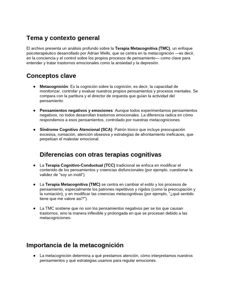 Terapia Metacognitiva de Adrian Wells | PDF | Metacognición | Terapia ...