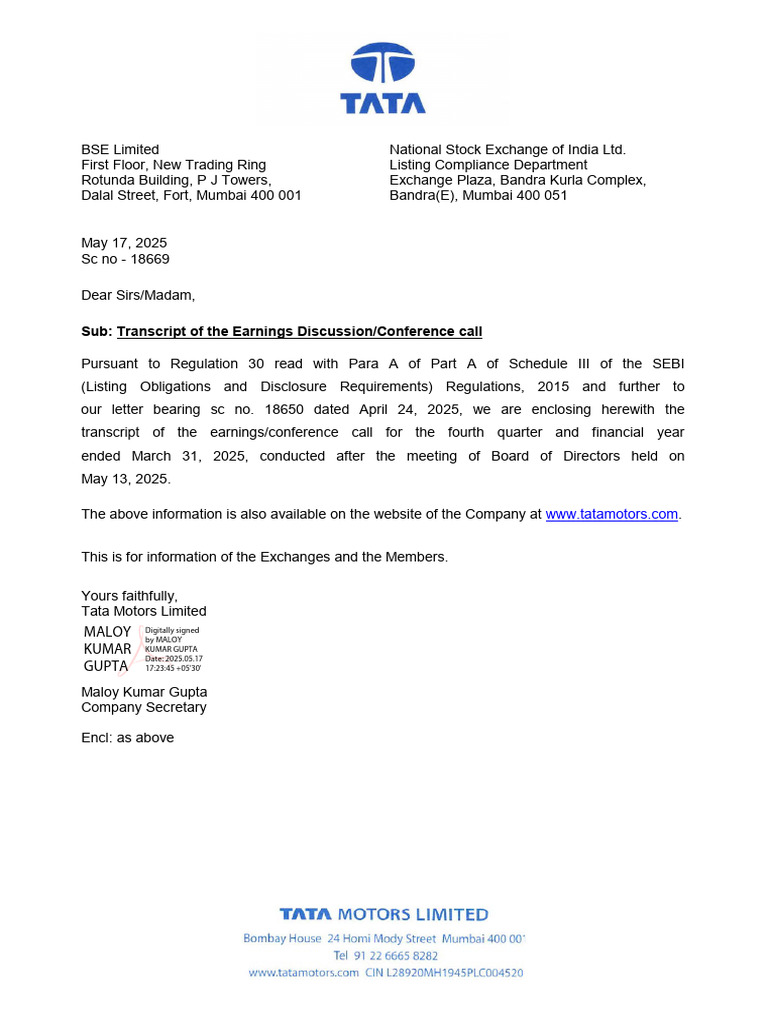 Sub: Transcript of The Earnings Discussion/Conference Call: Maloy Kumar ...