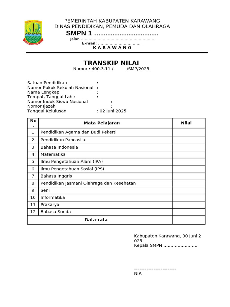 Blanko Transkip Ijazah SMP Kurmer 2025. | PDF