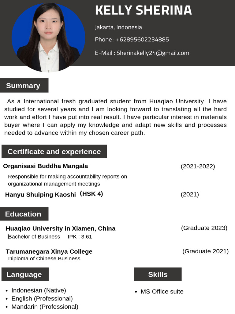 Kelly Sherina Admin Staff (Mandarin Speaker) Resume | PDF