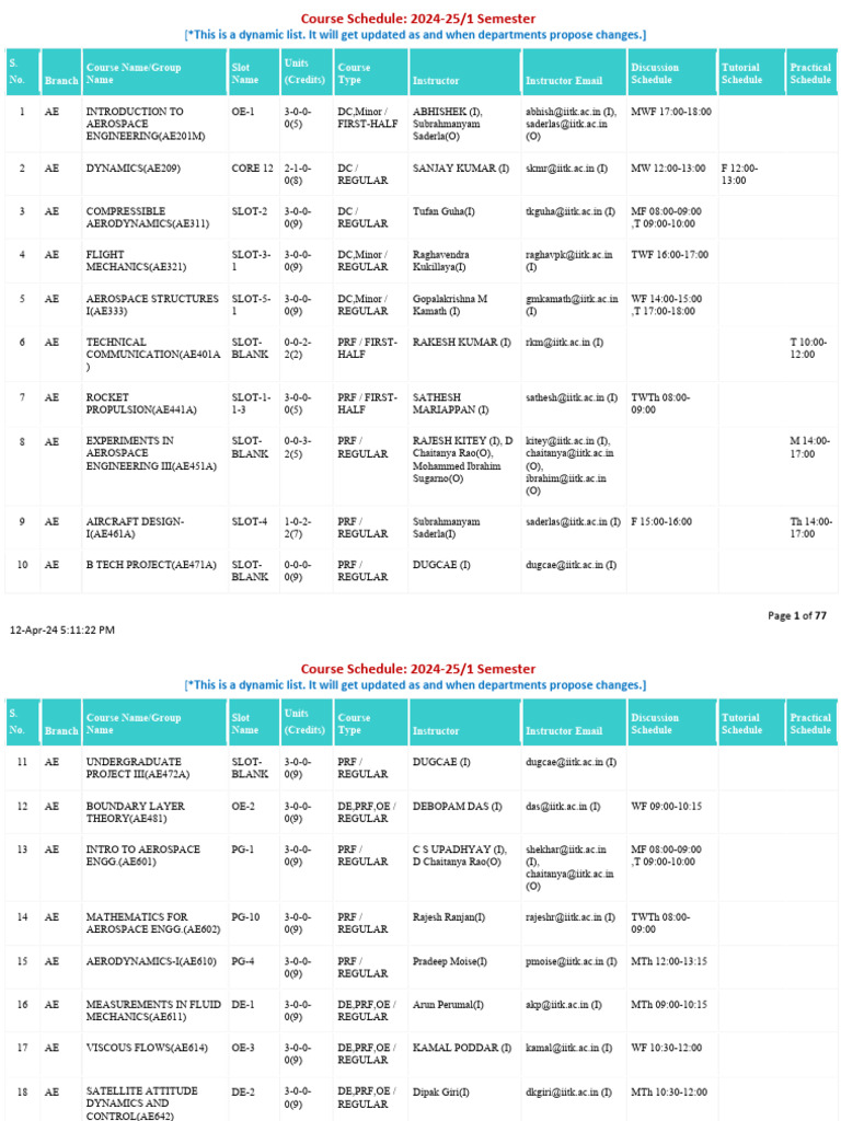 Course Schedule 2024-25-1 | PDF