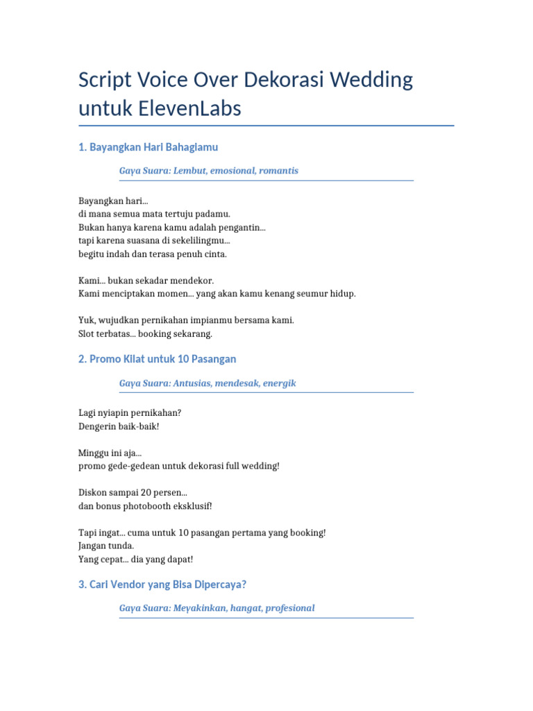 Script VO Dekorasi Wedding ElevenLabs | PDF